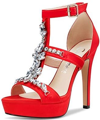 Castamere Femmes Aiguille Haut High Talon Heel Plate-forme Ouvert Bout Sandales Romaines Diamant Cristal Mariage Party Sexy 13 CM Heels Rouge Satin 45 EU