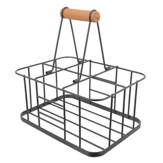 Artibetter JEWEDECO Handgehaltenes Weinflaschenregal aus Carbonstahl mit Holzgriff Modernes Flaschenaufbewahrungskorb f&uuml;r K&uuml;che und Bar Tragbares Design f&uuml;r Einf