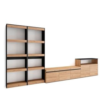 Skraut Home | Wohnwand Wohnzimmer | Wohnzimmerm&ouml;bel, M&ouml;belset | 370x186x35cm | F&uuml;r TV-Ger&auml;te bis zu 65 | Wohnzimmer M&ouml;bel | Moderner Stil | Eiche Schwarz