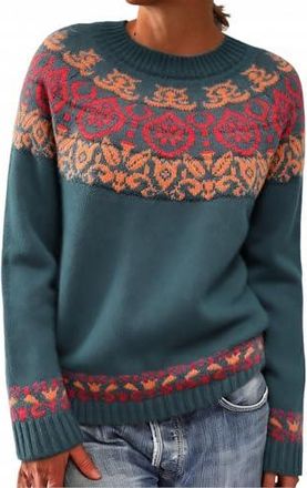 Generic Fair Isle Pull pour femme - Manches longues - Imprimé vintage islandais - Rétro - Doux - Chaud - Décontracté - Élégant - Automne - Hiver - Vacances - 