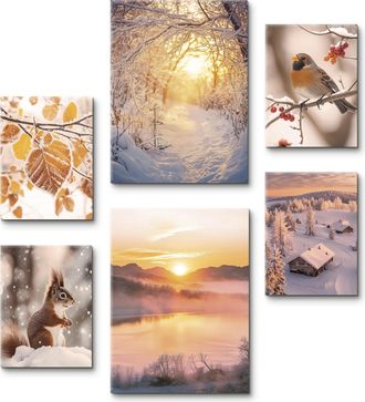 Artland Wanddeko Leinwand Bilder Set 6tlg. 4x30x40 / 2x45x60 aesthetic Winter Deko Winterlandschaft Wald Schnee Tiere U6BD