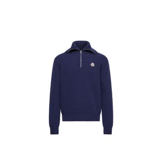 Moncler Moncler Pull &Agrave; Col Roul&eacute; En Laine C&ocirc;tel&eacute;e Avec Logo, Homme, Bleu, Taille: 3xl