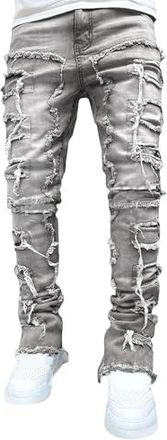Generic Jean Homme Coupe Slim Y2K, Pantalon Skinny d&eacute;chir&eacute; et us&eacute;, Style Streetwear Hip hop, Gris, Taille L