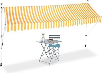Relaxdays Klemmmarkise, Balkon Sonnenschutz, einziehbar, Fallarm, ohne Bohren, h&ouml;henverstellbar, 400 cm breit, gelb gestreift