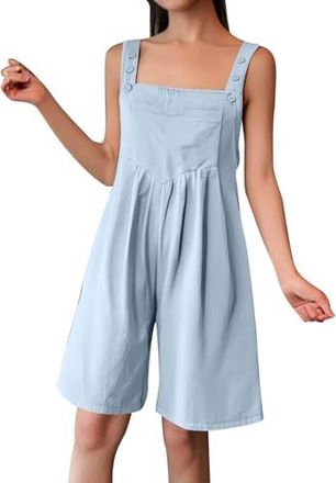 Generic Barboteuse d&eacute;t&eacute; d&eacute;contract&eacute;e pour femme - Salopette ample en lin - Tenue de plage, voyage, vacances, bleu, XL