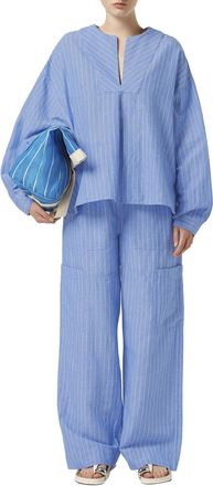 Scotch & Soda Damen Cotton Linen Bib Shirt, Blue and White Pin Stripe, 38 EU