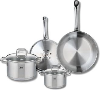Fackelmann ELO 9502550 Batterie de cuisine 4 pièces, Set de 2 Poêles de cuisson 24 et 28 cm et 2 faitouts 14 et 20 cm Elo Profi Citrin, inox, induction