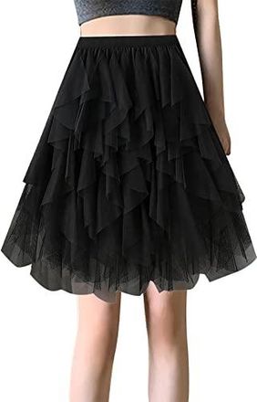 Generic Jupes tutu en tulle pour femme - Jupe trap&egrave;ze en maille taille haute r&eacute;tro fantaisie - Jupe &agrave; bulles courte &eacute;lastique - Costume de f&ecirc;te f&eacute;minine, Noir