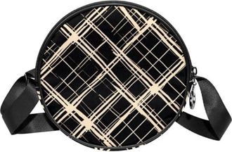 Generic Sac &agrave; bandouli&egrave;re Circle pour femme, petit sac &agrave; bandouli&egrave;re r&eacute;tro noir &agrave; motif &eacute;cossais avec fermeture &eacute;clair, bretelles r&eacute;glables, sac &agrave; main rond d