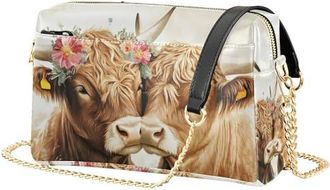 Mnsruu Sacs à bandoulière pour femme, deux vaches Highland amoureuses en cuir, sac à main