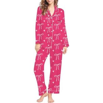 Generic Ensemble de pyjama 2 pi&egrave;ces en satin pour femme avec imprim&eacute; noeud mignon - Haut &agrave; revers et pantalon &agrave; boutons - V&ecirc;tements d&eacute;contract&eacute;s doux et confo