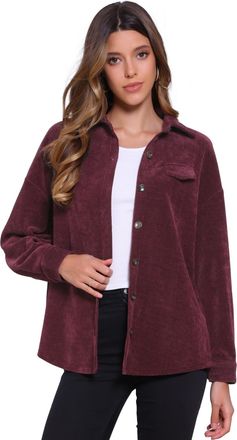 Allegra K Damen Cordhemden Button-Down Langarm Elegant Freizeit Jacke Burgund XS