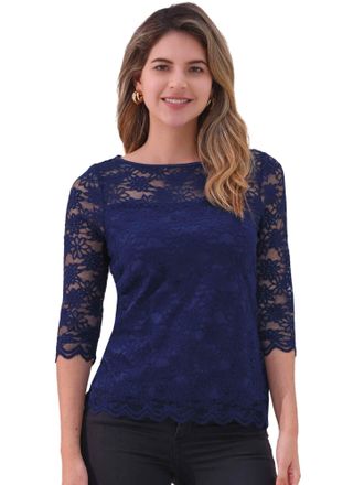 Allegra K Damen Top mit Blumen Spitzen 3/4-&Auml;rmel Rundhals L&auml;ssig Elegant Spitzenbluse Dunkelblau XL