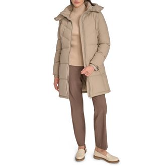 Calvin Klein Damen Lang&auml;rmeliger Puffermantel mit Kapuze und Rei&szlig;verschluss Vorne Jacke, Ebenholz, XS