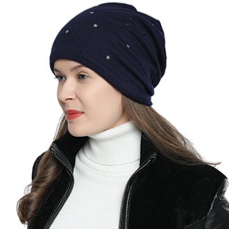 DonDon Mütze Damen Wintermütze Slouch Beanie gefüttert mit schwarzem Strass dunkelblau
