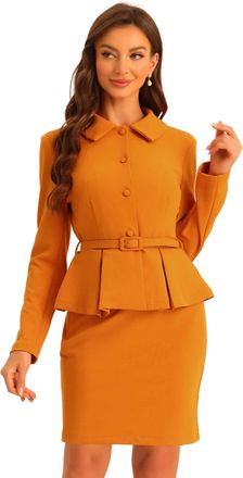 Allegra K Damen 2-Teilige Business Anz&uuml;ge Sch&ouml;&szlig;chen Blazer Jacken und Bleistiftrock Sets Dunkelorange XS