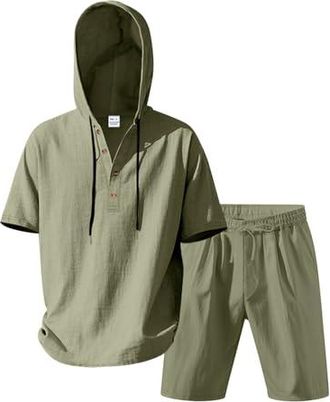 Generic Ensemble d&eacute;t&eacute; 2 pi&egrave;ces en lin pour homme, manches courtes et shorts, confortable de couleur unie, chemise &agrave; capuche, polyvalente, ample, chemise l&eacute;g&egrave;r