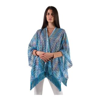 Missoni Femme, Vestes, Bleu, Taille: ONE Size Cape Bleue &agrave; Franges Motif Zig-Zag