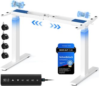Songmics H&ouml;henverstellbarer Schreibtisch elektrisch, Schreibtischst&auml;nder, Doppelmotor, mit Haken, stufenlos verstellbar, Memoryfunktion, Stahl, wei&szlig; LSD019W01V