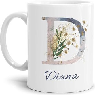 Tassendruck Tasse mit Buchstabe D und Blumen - mit Name personalisiert - Initiale, Namens-Tasse, Buchstaben Tasse, Geschenk I Keramik Weiß, 300 ml
