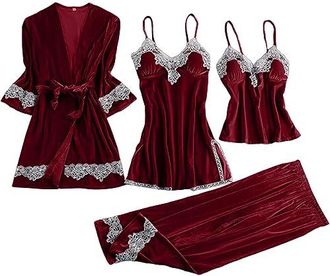 Generic Femme &Eacute;l&eacute;gante Broderie 4PCS Velours Ensemble Pyjama Peignoir + Robe + Pantalon V&ecirc;tements de Nuit Thermiques f19