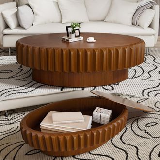 Generic Ovaler, geriffelter Couchtisch (110 cm) mit Stauraum f&uuml;r das Wohnzimmer, moderner, ovaler Beistelltisch mit Reliefdekor und robustem Sockel f&uuml;r kleine