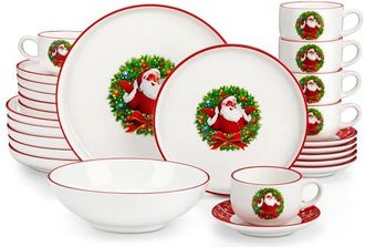Malacasa Service Vaisselle de Noel, 30 Pi&egrave;ces Assiette de noel Porcelaine, Rouge avec un Motif de P&egrave;re No&euml;l, D&eacute;corations de Table de No&euml;l
