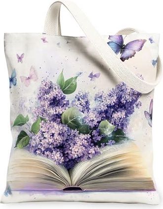 Generic Sac fourre-tout en toile lilas printanier pour le shopping, 33 x 38,1 cm, sac d&eacute;picerie r&eacute;utilisable pour femme, peinture de voyage florale, d&eacute;coratio