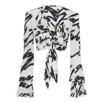 Balmain Ger&uuml;schtes- geknotetes Crop-Shirt mit Liebesbrief-Motiv - - Blouses & Shirts - Damen - Wei&szlig; - S