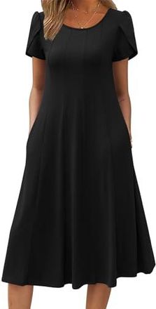 Zeagoo Robe d&eacute;t&eacute; &eacute;l&eacute;gante pour femme - Col rond - Pliss&eacute;e - Manches courtes bouffantes - Robe midi d&eacute;contract&eacute;e - Robe trap&egrave;ze avec poches - Taille S &agrave; XXL, 