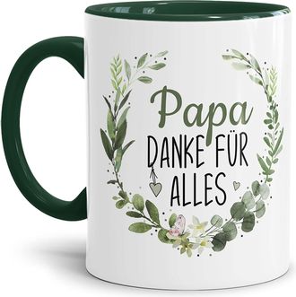 Tassendruck Tasse mit Spruch - Danke für deine Hilfe Papa - Geschenk für den besten Papa - Hochwertige Keramik, Innen & Henkel Dunkelgrün, 300 ml