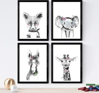Nacnic Set von 4 Poster Tieren mit Schwarz und Blau Brille. Porträt Stil Wanddekoration von Tieren mit Brille. Kreative sortierten Bilder von niedlichen Tier