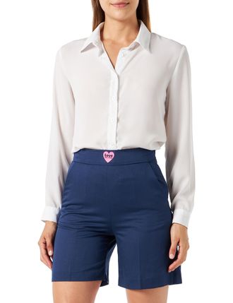 Love Moschino Bermuda Shorts in Linen Blend Fancy Fluid Fabric, Customized with Heart Patch on Front Strap