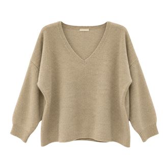 Meimeij Pull en maille &agrave; col en V - Femme - Pulls - Beige - Taille: 38 FR