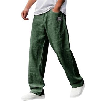 Generic Pantalon en lin pour homme avec cordon de serrage - L&eacute;ger - Pantalon de loisirs - Couleur unie - Pantalon long pour homme - Pantalon de plage - Vacanc