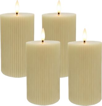 Relaxdays LED Kerzen, 4er Set, HxD: 13 x 7,5 cm, flackernde Flamme, Echtwachs, Rillen, flammenlose Blockkerzen, beige