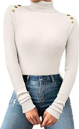 Generic Haut &Agrave; Manches Longues en Tricot,Femmes Automne Et Hiver Multicolore Pile Cou Col Roul&eacute; Bouton D&eacute;cor&eacute; Chaud Tricots Hauts Ensemble Fille Gymnastique