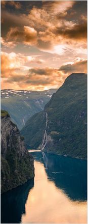 Wallario Glasbild Fjord bei Sonnenuntergang - 50 x 125 cm Wandbilder Glas in Premium-Qualit&auml;t: Brillante Farben, freischwebende Optik