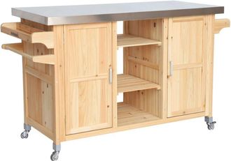 Sweeek Outdoor-K&uuml;chenwagen 130cm Tannenholz mit Griff, 7 Ablagefl&auml;chen