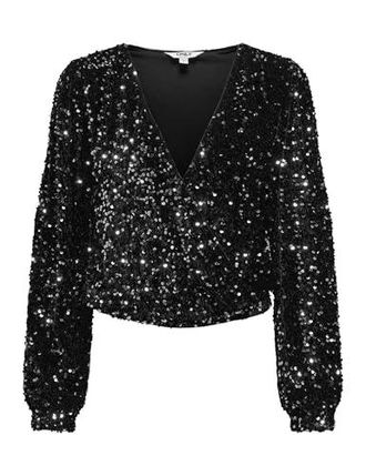 Only Fake Onlanika Sequin LS Faux Wrap Top WVN CS, Noir, L Femmes