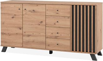 Finori Buffet Medan51C 3 portes et 4 tiroirs en ch&ecirc;ne anthracite - Dimensions L. 160 x P. 40 x H. 85 cm - Style contemporain avec pieds en MDF