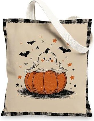 Generic Sacs fourre-tout en toile pour Halloween, motif fantôme et citrouille, réutilisables, fantaisie, vintage, léger, lavable, Orange, 13x15 Inch