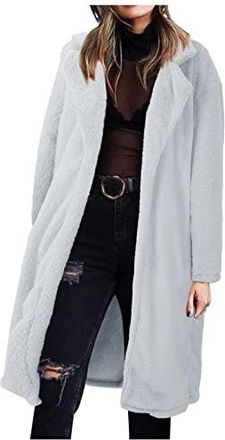 Generic Manteau dhiver pour femme, cardigan long pour femme, couleur unie, manteau tendance à revers cranté, vêtements dextérieur en polaire moelleuse, mantea