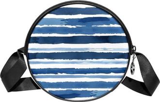 Generic Petit sac &agrave; bandouli&egrave;re circulaire pour femme, petit sac &agrave; bandouli&egrave;re bleu &agrave; rayures horizontales avec fermeture &eacute;clair, bretelles r&eacute;glables, sac &agrave; m
