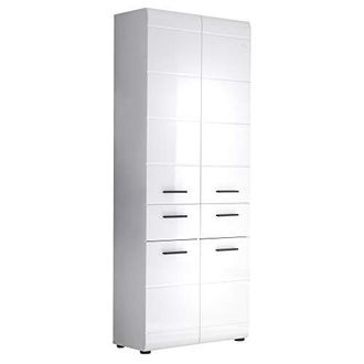 Trendteam Skin - Hochschrank - Wei&szlig;/Wei&szlig; Hochglanz - Badschrank 12 F&auml;cher und 2 Schubladen - (BxHxT) 30 x 182 x 31 cm - Schwarze Griffe - Kratzfest