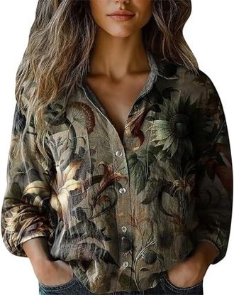 Generic Chemisier &agrave; manches longues pour femme - Style vintage - Chemise florale boh&egrave;me - Col en V - Boutonn&eacute;e - Motif floral - T-shirt &agrave; manches longues - Ch