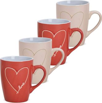 Matches 21 Tassen 4er Set Motiv Herz in beige rot im Landhausstil - Bunte Steingut Kaffeebecher in 280ml f&uuml;r Tee Kaffee Cappuccino - S&uuml;&szlig;e Kaffeebecher sp&uuml;lmaschi