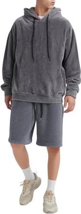 Generic Ensemble de survêtement à capuche Sherpa doux et pelucheux à manches longues avec cordon de serrage pour homme, gris, S