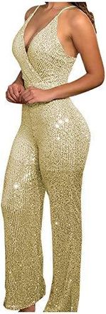 Generic Combinaison élégante à paillettes pour femme - Noir - Combinaison étroite brillante - Salopette moelleuse - Pour boîte de nuit - Festival - Élégante e