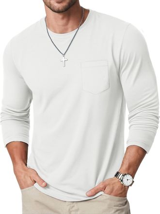 Magcomsen Langarmshirt Herren Tshirt Longsleeve Baumwolle Langarm Shirts Leicht Einfarbige Oberteil mit Tasche Weiß 3XL